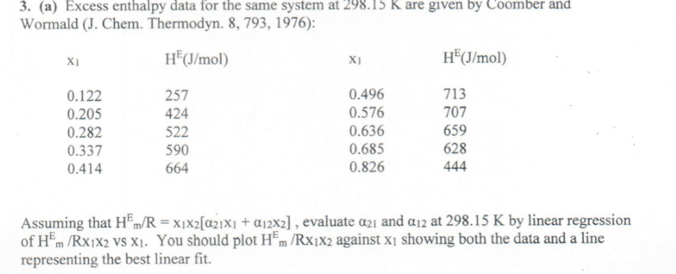 Solved 3. (a) Excess enthalpy data for the same system at | Chegg.com