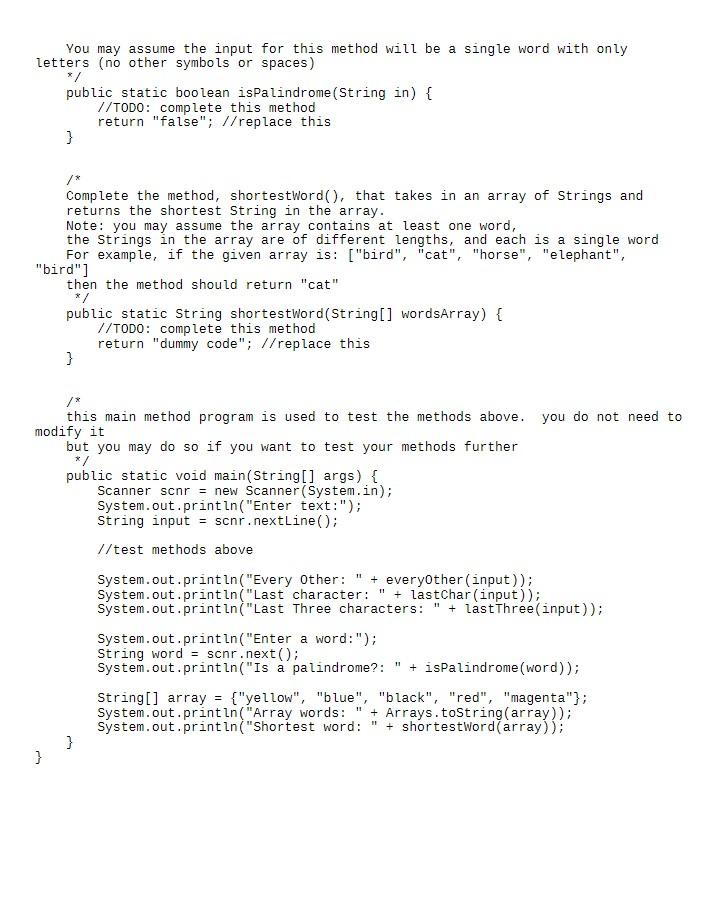 Solved I∗ TODO: Complete each method according to the | Chegg.com