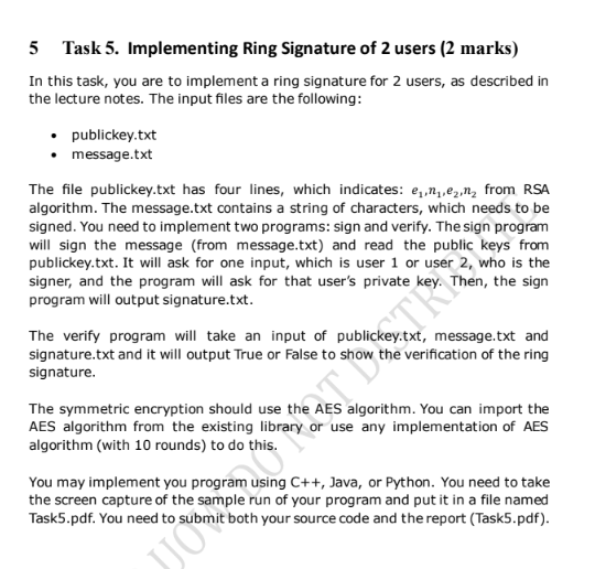 5 Task 5. Implementing Ring Signature of 2 users ( 2 | Chegg.com 5 Task 5. Implementing Ring Signature of 2 users ( 2 | Chegg.com
