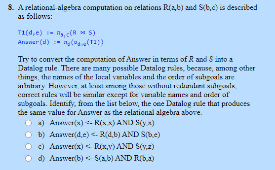 Solved 8. A relational-algebra computation on relations | Chegg.com