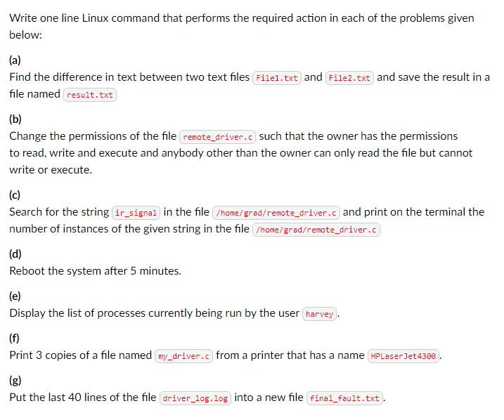 Solved Write one line Linux command that performs the | Chegg.com