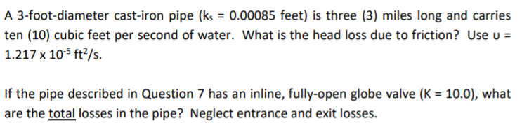 Solved A 3-foot-diameter cast-iron pipe (ks = 0.00085 feet) | Chegg.com