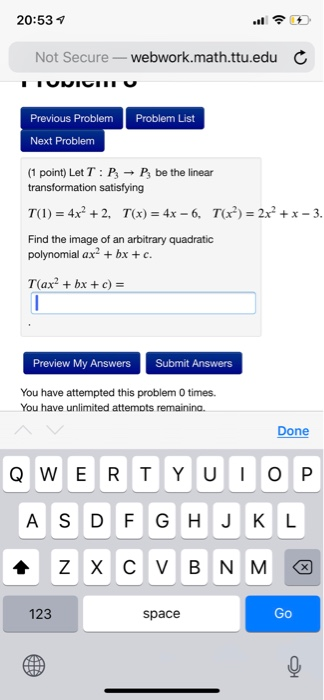 Solved 20:53 C Not Secure- webwork.math.ttu.edu Previous | Chegg.com