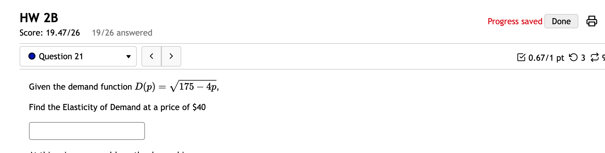 Solved Given the demand function D(p)=175−4p Find the | Chegg.com