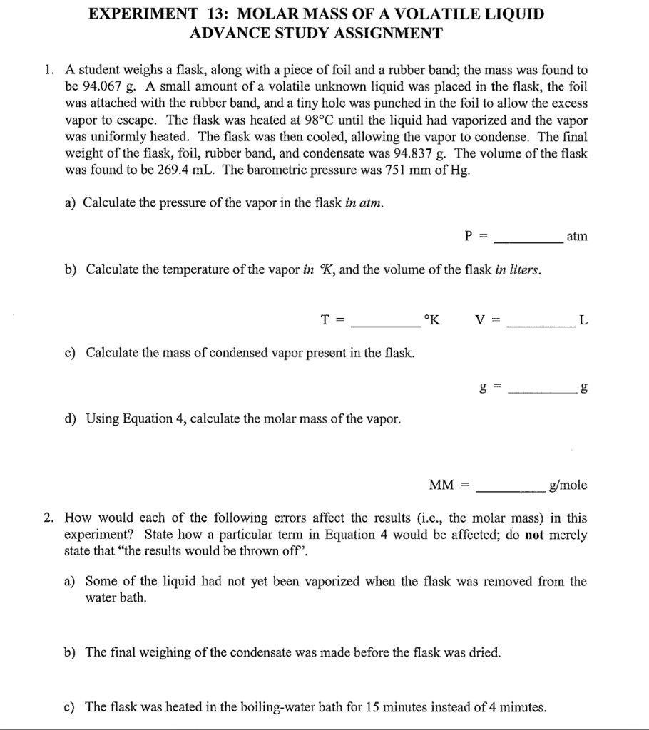 Solved EXPERIMENT 13: MOLAR MASS OF A VOLATILE LIQUID | Chegg.com