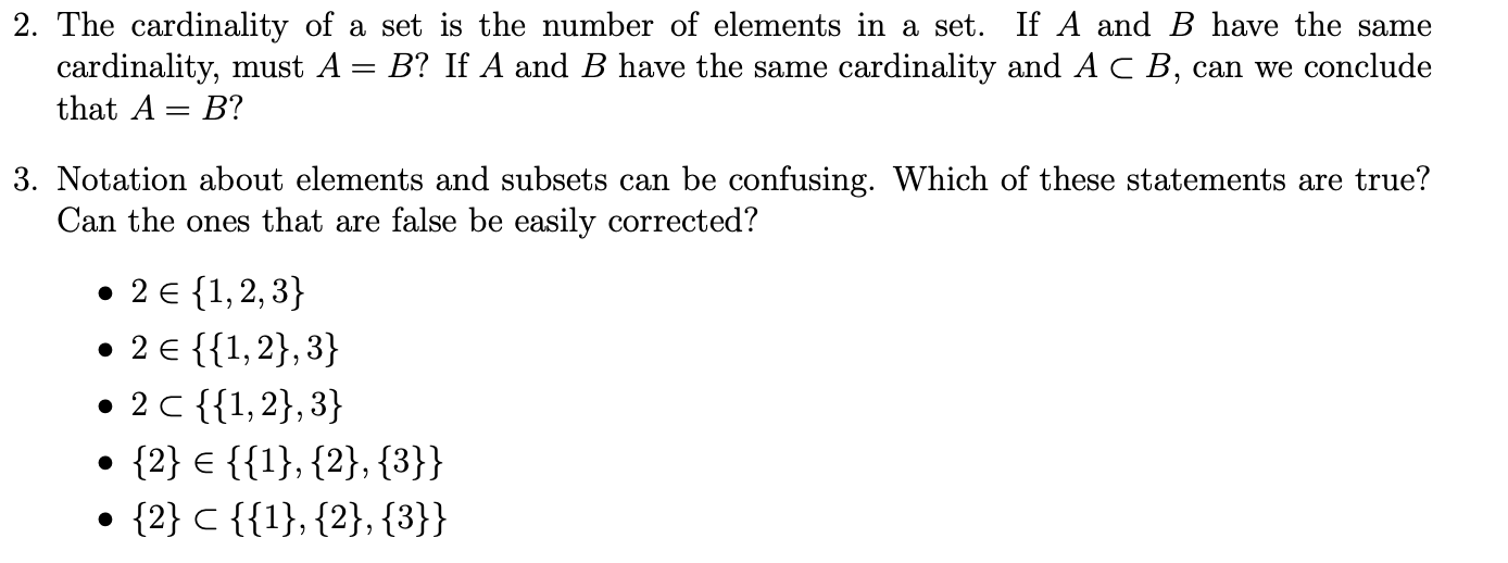 Solved 2. The cardinality of a set is the number of elements | Chegg.com