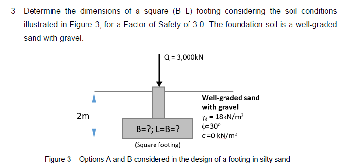 Solved 3- Determine the dimensions of a square (B-L) footing | Chegg.com