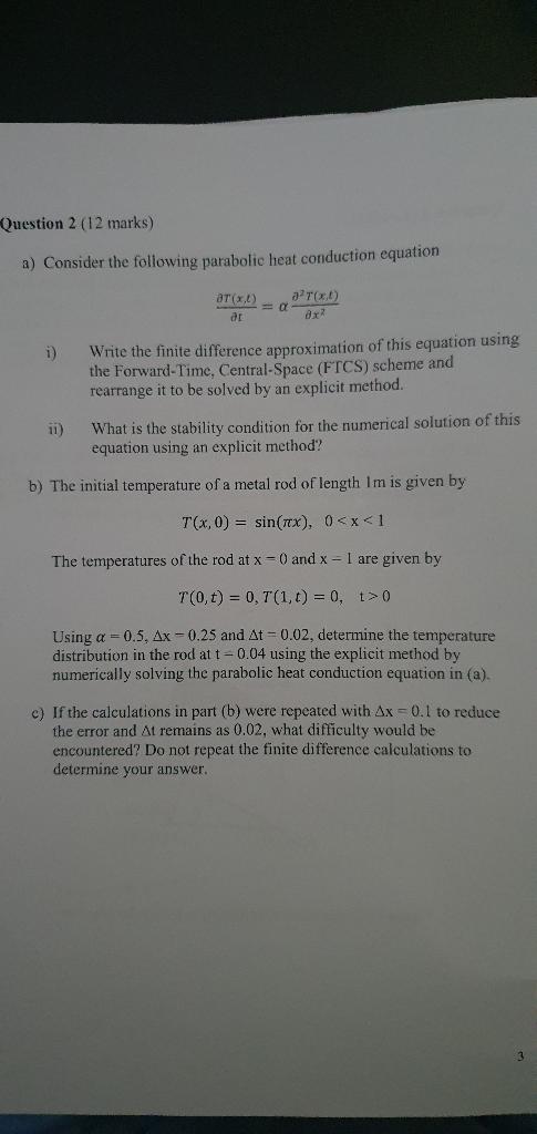 A Consider The Following Parabolic Heat Conduction