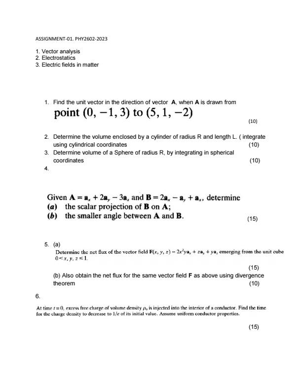 Solved ASSIGNMENT-01. PHY2602-2023 1. Vector analysis 2. | Chegg.com