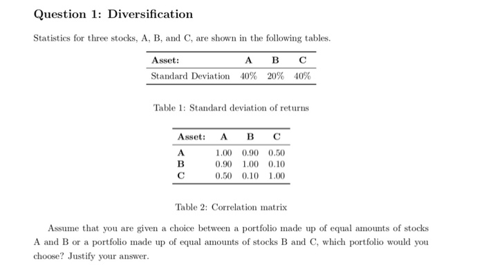 Solved Question 1: Diversification Statistics for three | Chegg.com