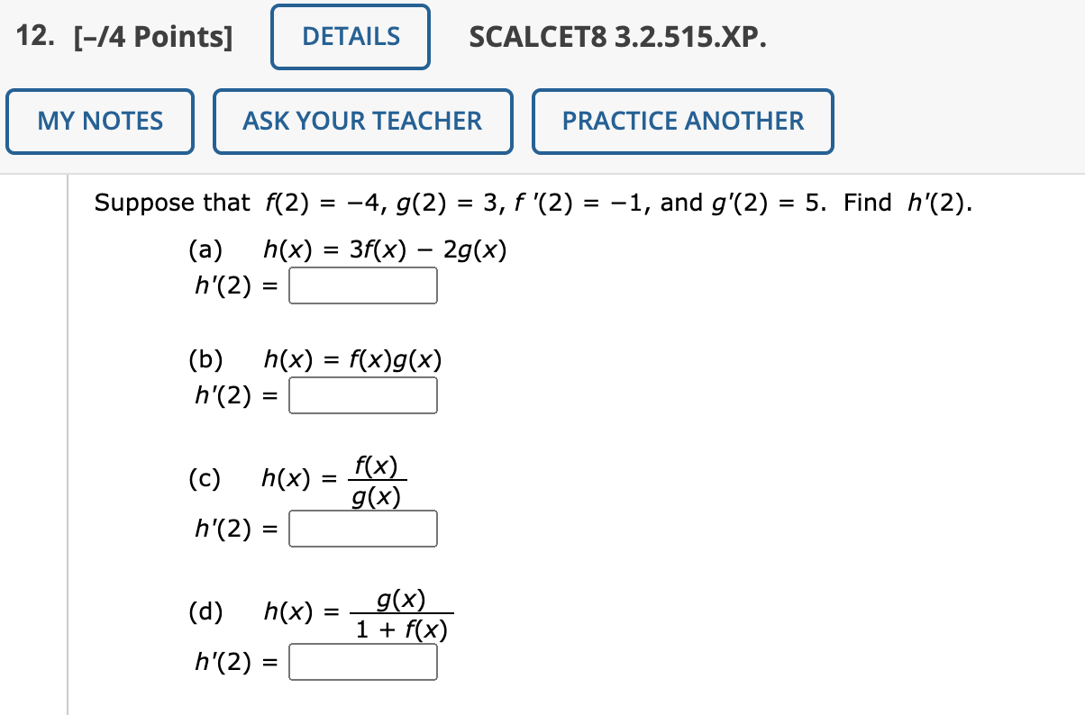 Solved 8. [-/1 Points] DETAILS SCALCET8 3.2.046. If h(2) = 3 | Chegg.com