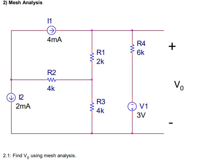 Solved 2) Mesh Analysis 4mA R4 6k R1 2k R2 4k 0 12 R3 4k 2mA | Chegg.com