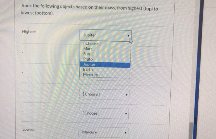 Solved Rank the following objects based on their mass, from | Chegg.com