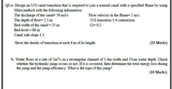 Solved Q2-a- Design an U/S canal transition that is required | Chegg.com