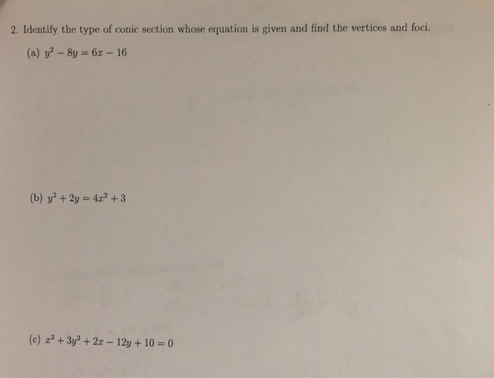 Solved 2. Identify the type of conic section whose equation | Chegg.com