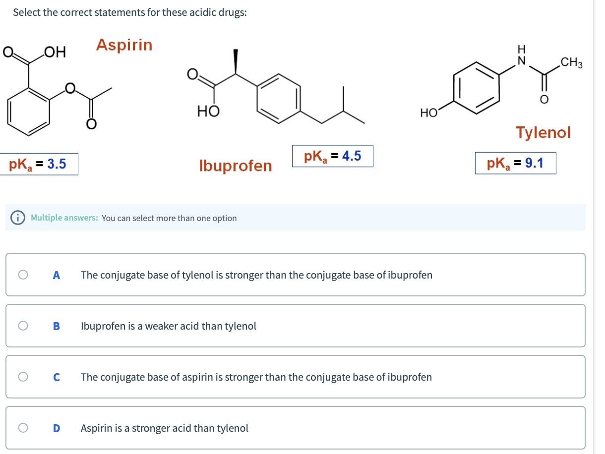 Solved Select the correct statements for these acidic drugs: | Chegg.com