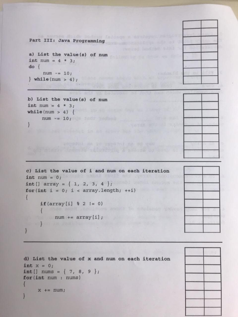 Solved Part III: Java Programming a) List the value (s) of | Chegg.com