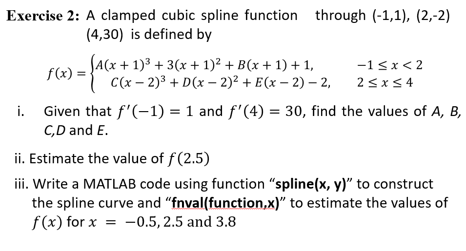 Exercise 2: A clamped cubic spline function through | Chegg.com