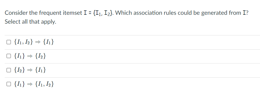 Solved Consider the frequent itemset I = {I1, I2}. Which | Chegg.com