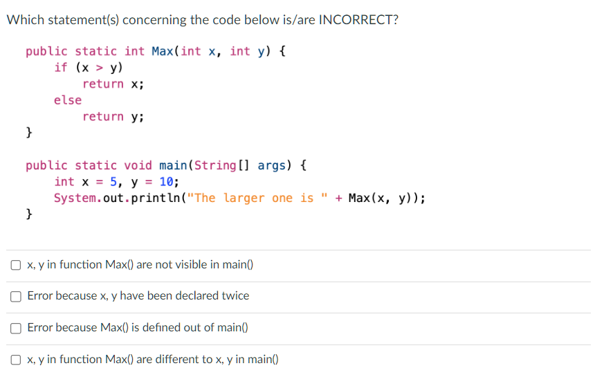 Solved Which statement(s) concerning the code below is/are | Chegg.com