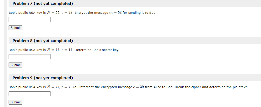 Solved Problem 7 (not yet completed) Bob's public RSA key is | Chegg.com