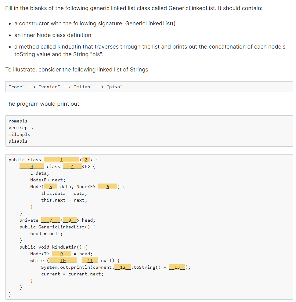 Solved Fill in the blanks of the following generic linked | Chegg.com