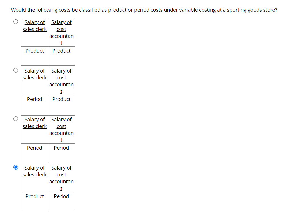 Solved Would the following costs be classified as product or | Chegg.com