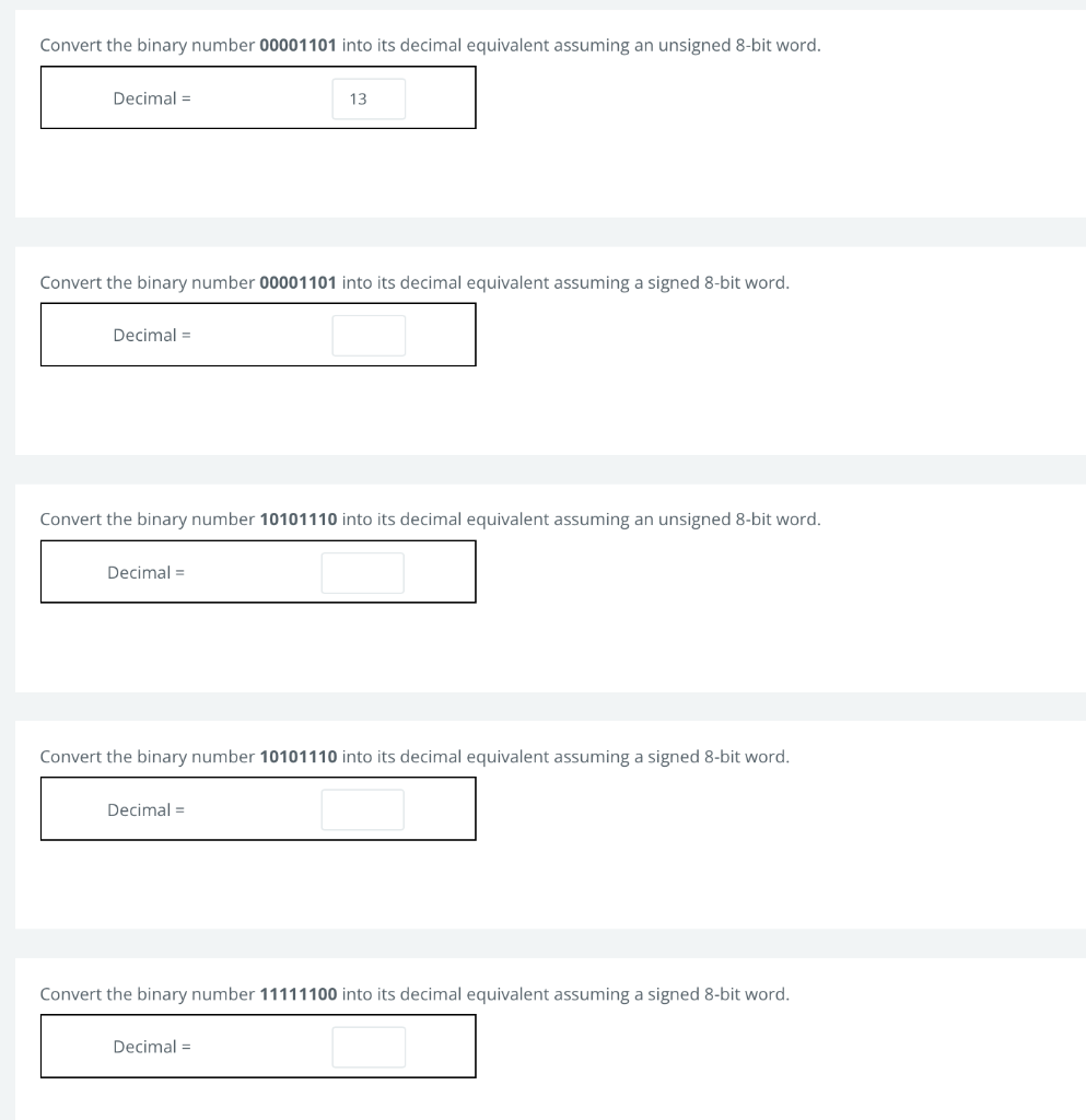 Solved Convert the binary number 00001101 into its decimal | Chegg.com