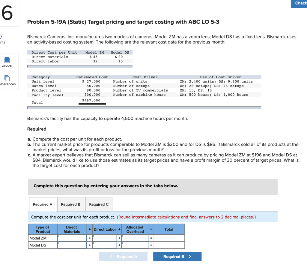 Solved Check 6 Problem 5-19A (Static) Target pricing and | Chegg.com