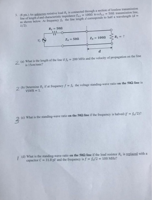 Solved An unknown resistive load Rl is connected through a | Chegg.com