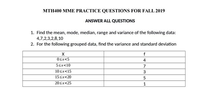 Solved MTH400 MME PRACTICE QUESTIONS FOR FALL 2019 ANSWER | Chegg.com