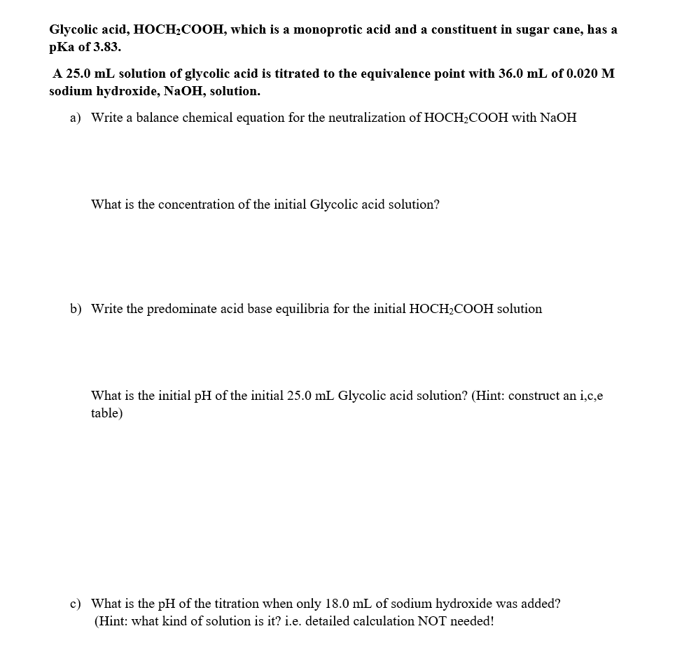 Solved Glycolic acid, HOCH2COOH, which is a monoprotic acid | Chegg.com