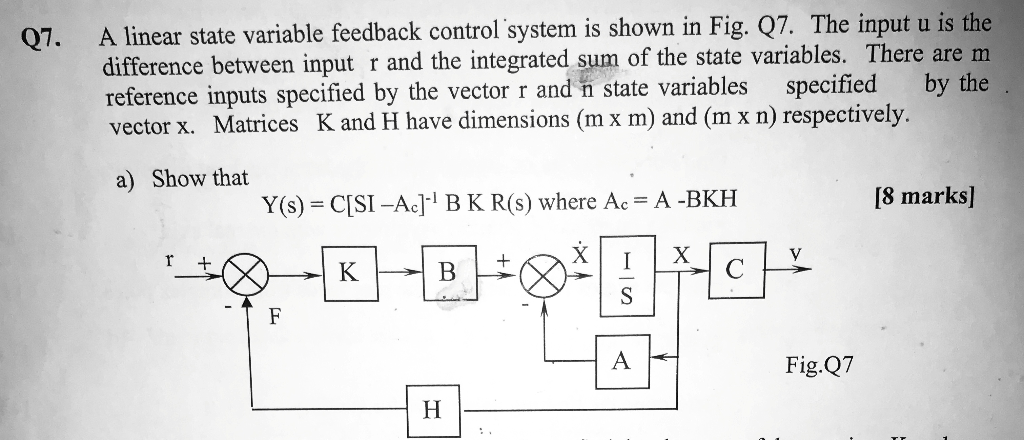 Solved Q7. A linear state variable feedback control system | Chegg.com