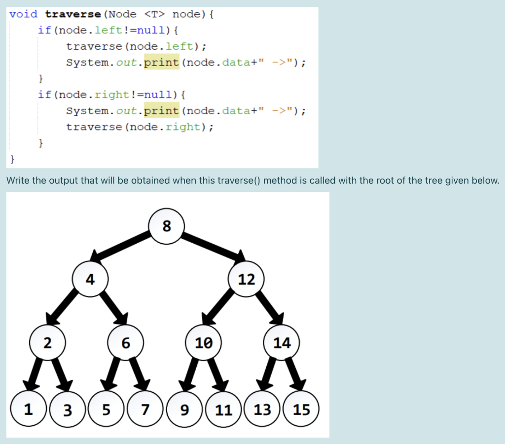 Solved void traverse (Node node) { if (node.left!=null) { | Chegg.com