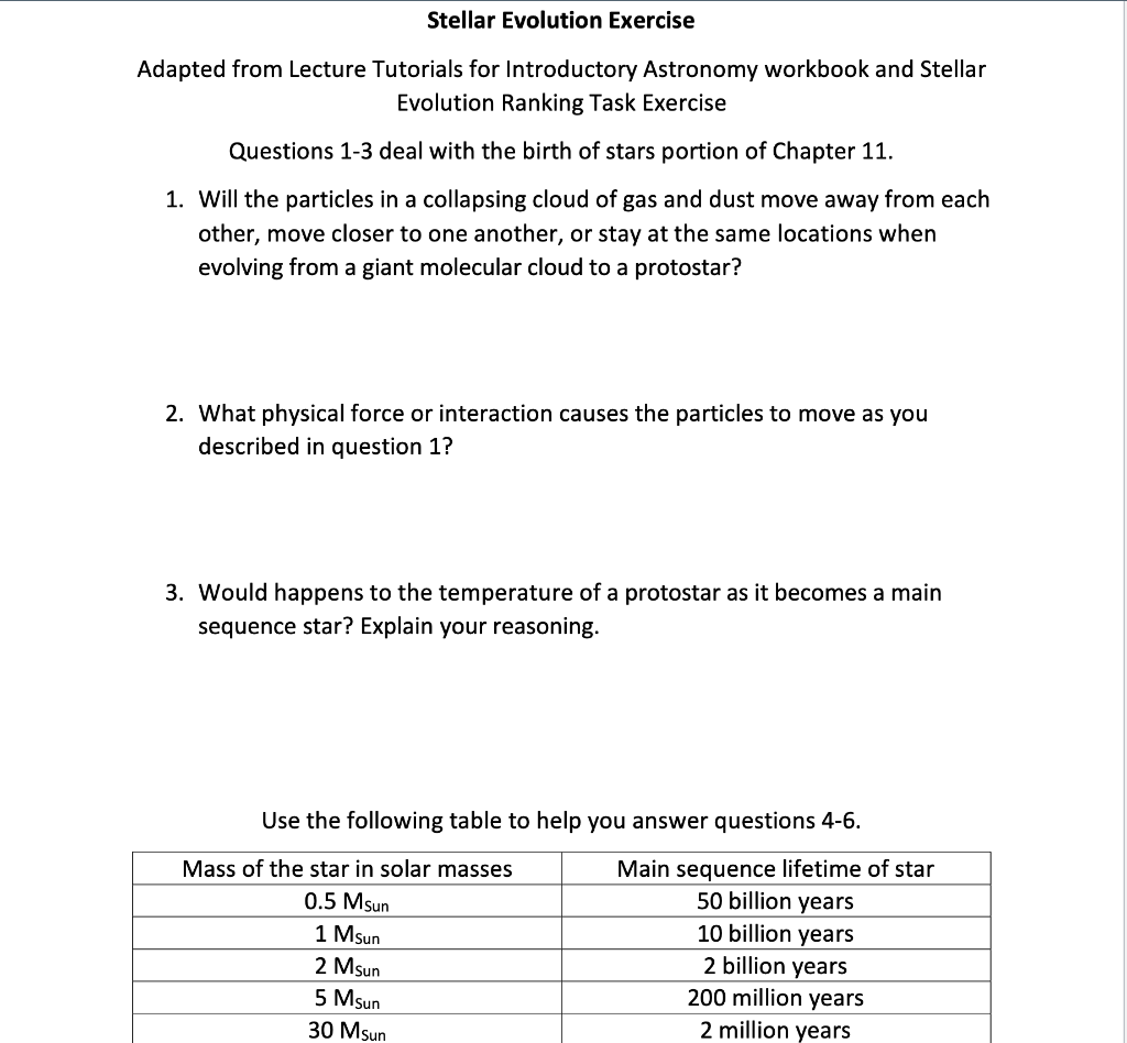 Solved Stellar Evolution Exercise Adapted from Lecture | Chegg.com