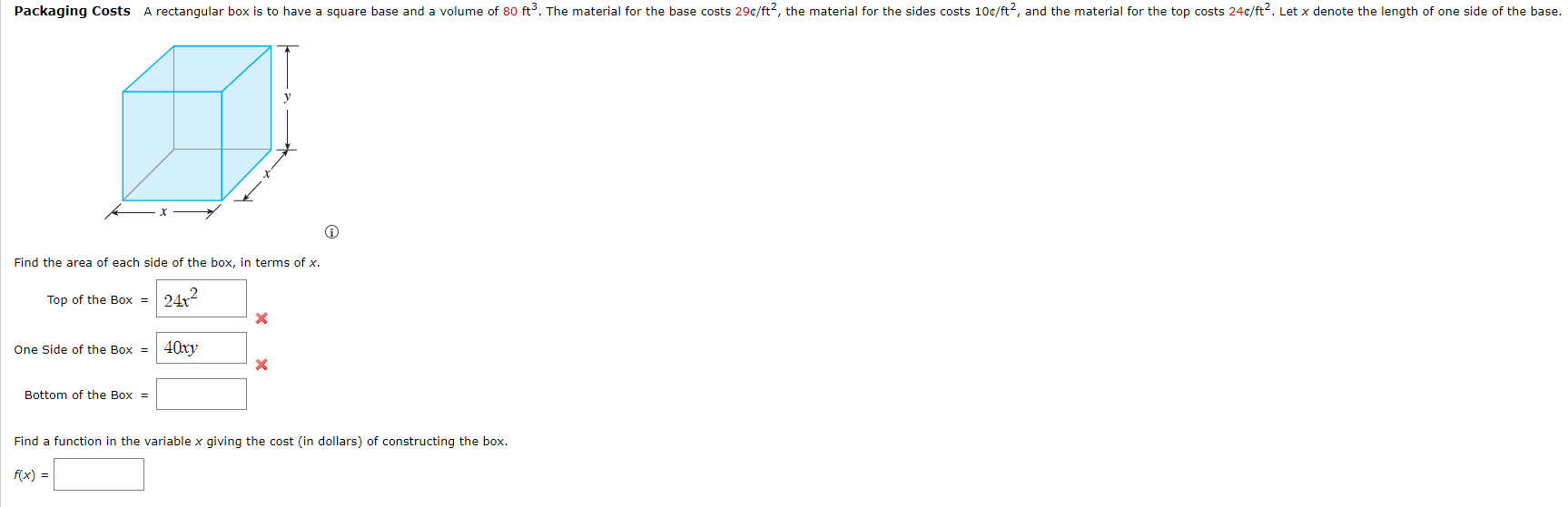 Solved (i) Find the area of each side of the box, in terms | Chegg.com