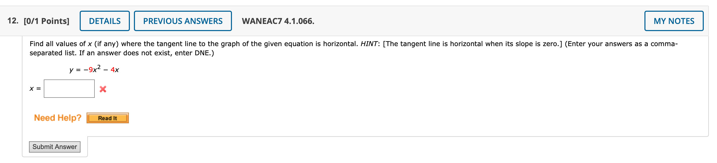 Solved 12. [0/1 Points] DETAILS PREVIOUS ANSWERS WANEAC7 | Chegg.com