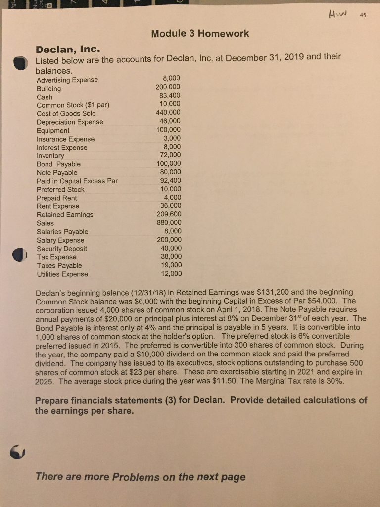 Solved 45 Module 3 Homework Declan, Inc. Listed below are | Chegg.com