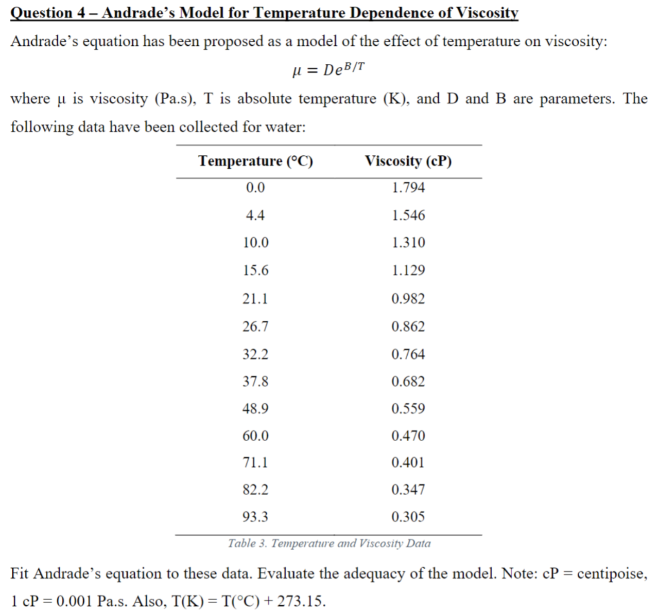 Solved Question 4-Andrade's Model for Temperature Dependence | Chegg.com