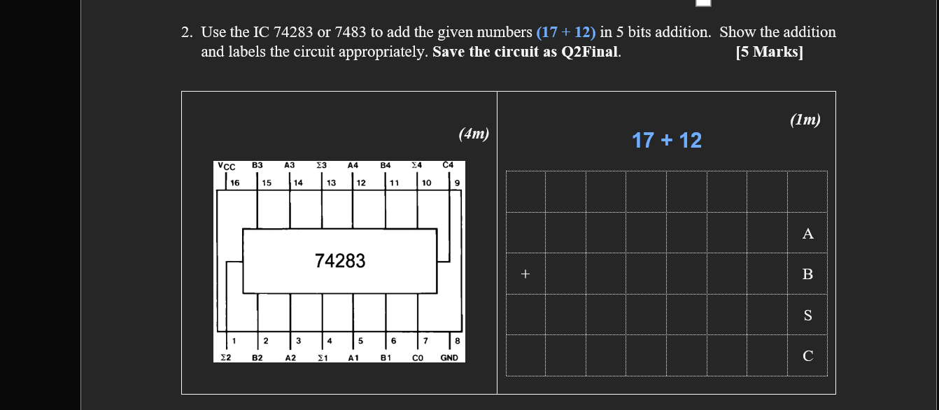 Solved 2. Use the IC 74283 or 7483 to add the given numbers | Chegg.com