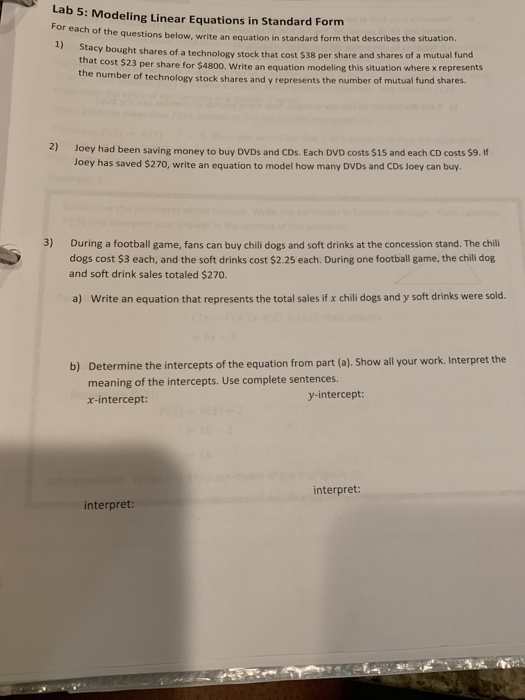 Solved Lab 5: Modeling Linear Equations in Standard Form For | Chegg.com