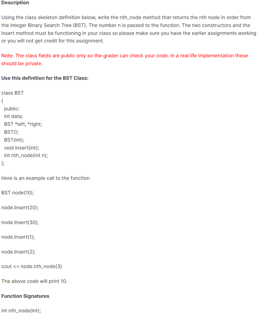 Solved BST Nth Node Function (C++) This is what I have so | Chegg.com