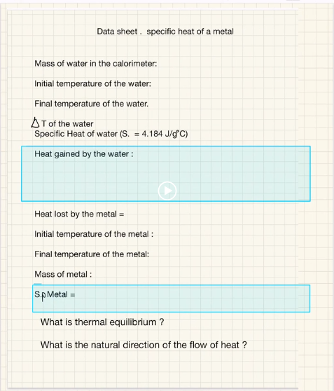 Solved Data sheet. specific heat of a metal Mass of water in | Chegg.com