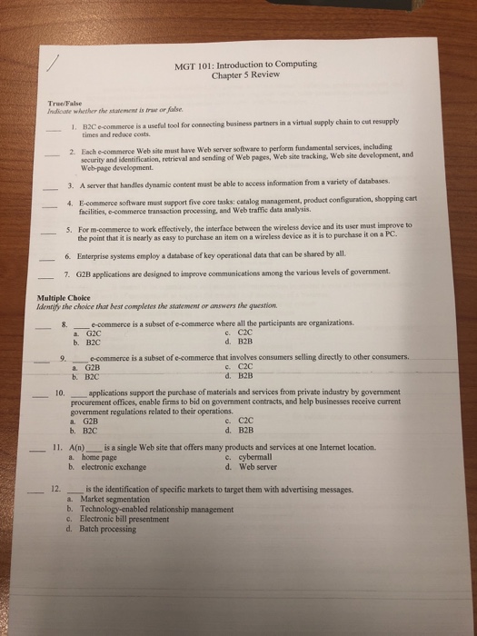 Solved MGT 101: Introduction to Computing Chapter 5 Review | Chegg.com