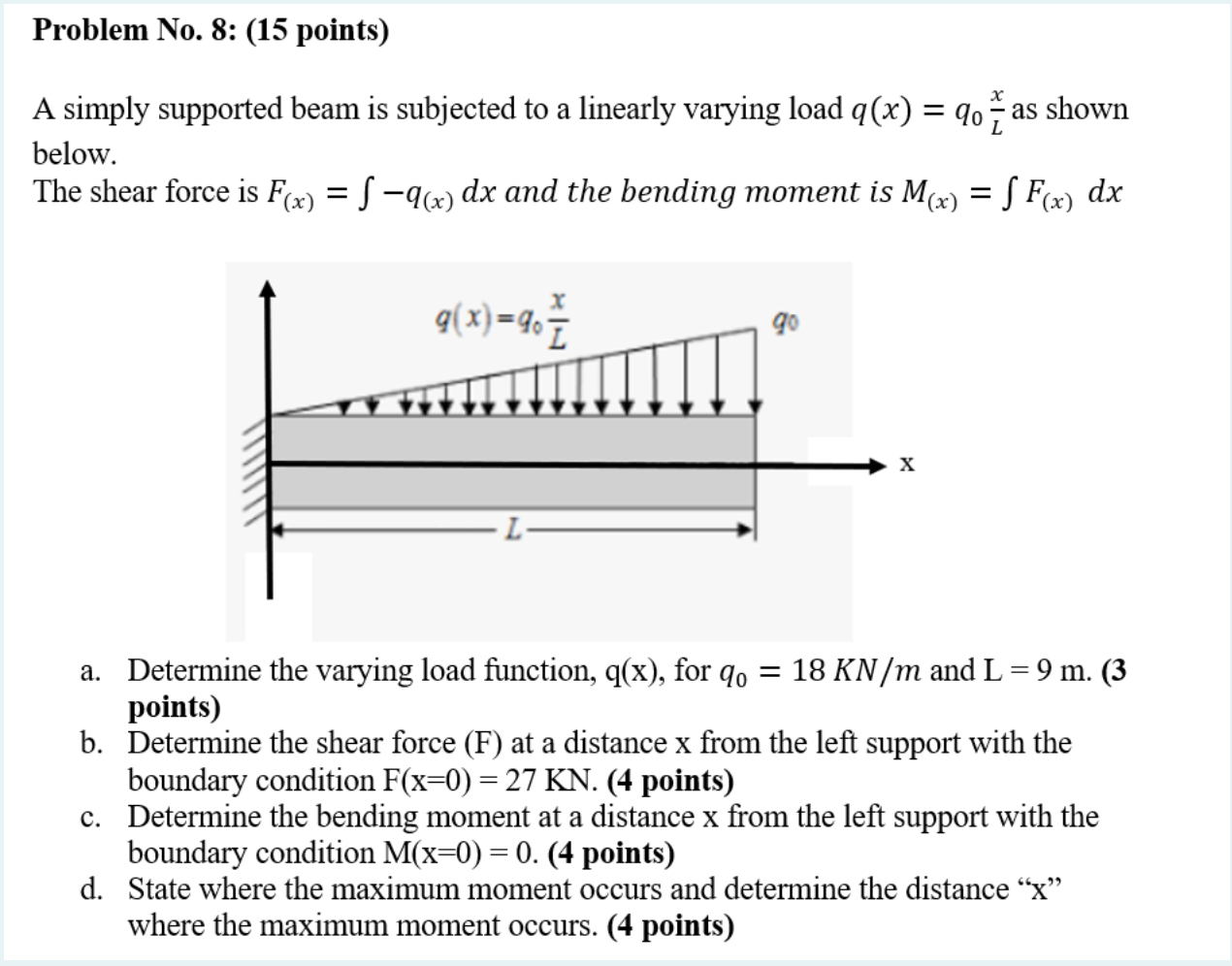 Solved Problem No. 8: (15 points) х = A simply supported | Chegg.com