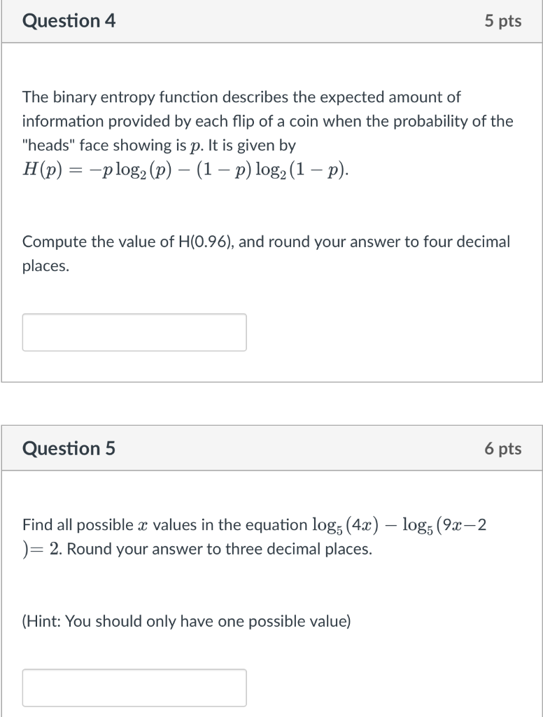 Solved Question 4 5 pts The binary entropy function | Chegg.com