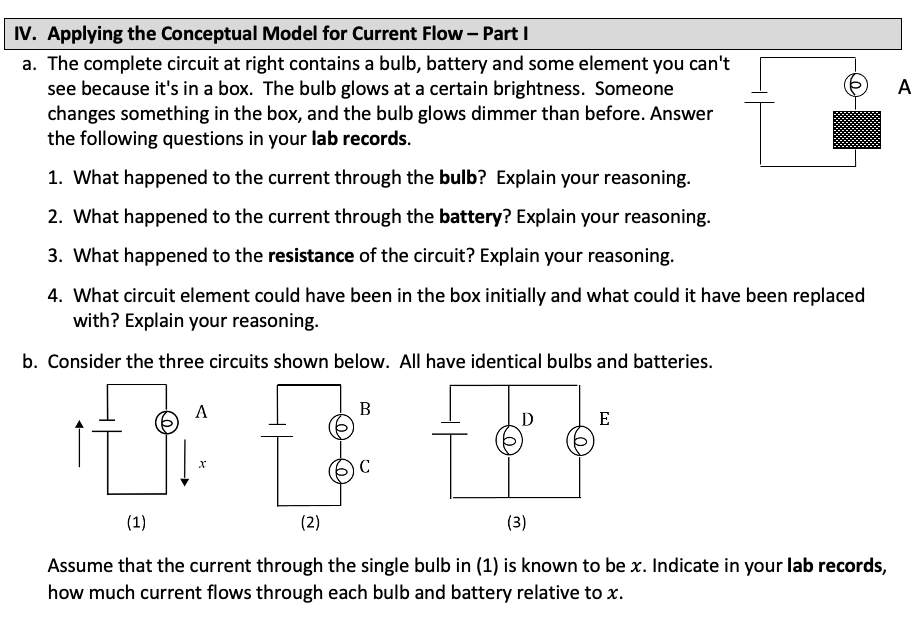 Solved A IV. Applying the Conceptual Model for Current Flow | Chegg.com