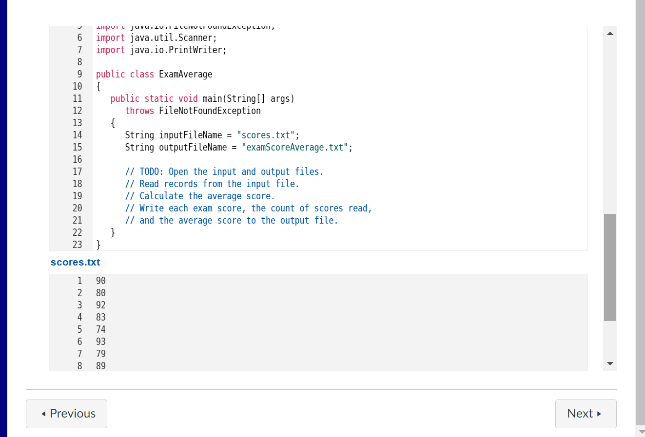 Solved Your task is to read a file containing exam scores, | Chegg.com