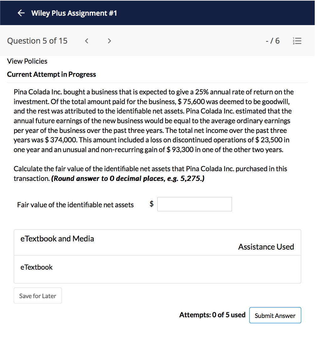 Solved + Wiley Plus Assignment #1 Question 5 of 15 - 76 | Chegg.com