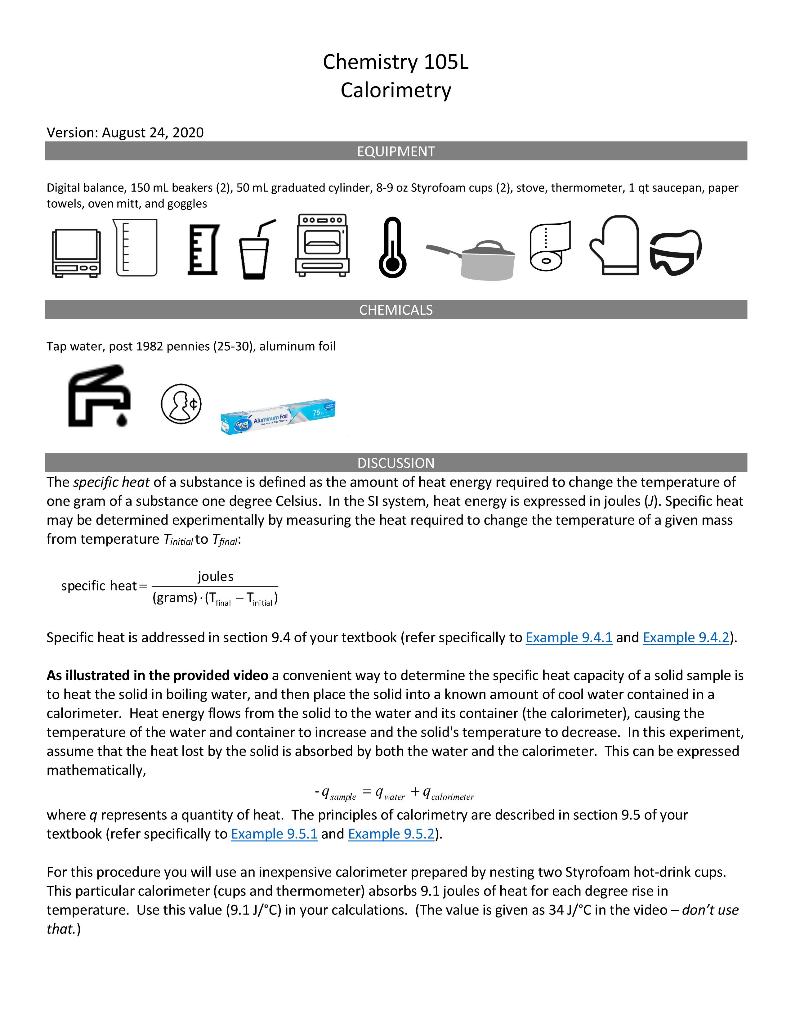Calorimetry Worksheet Version: August 24, 2020 | Chegg.com